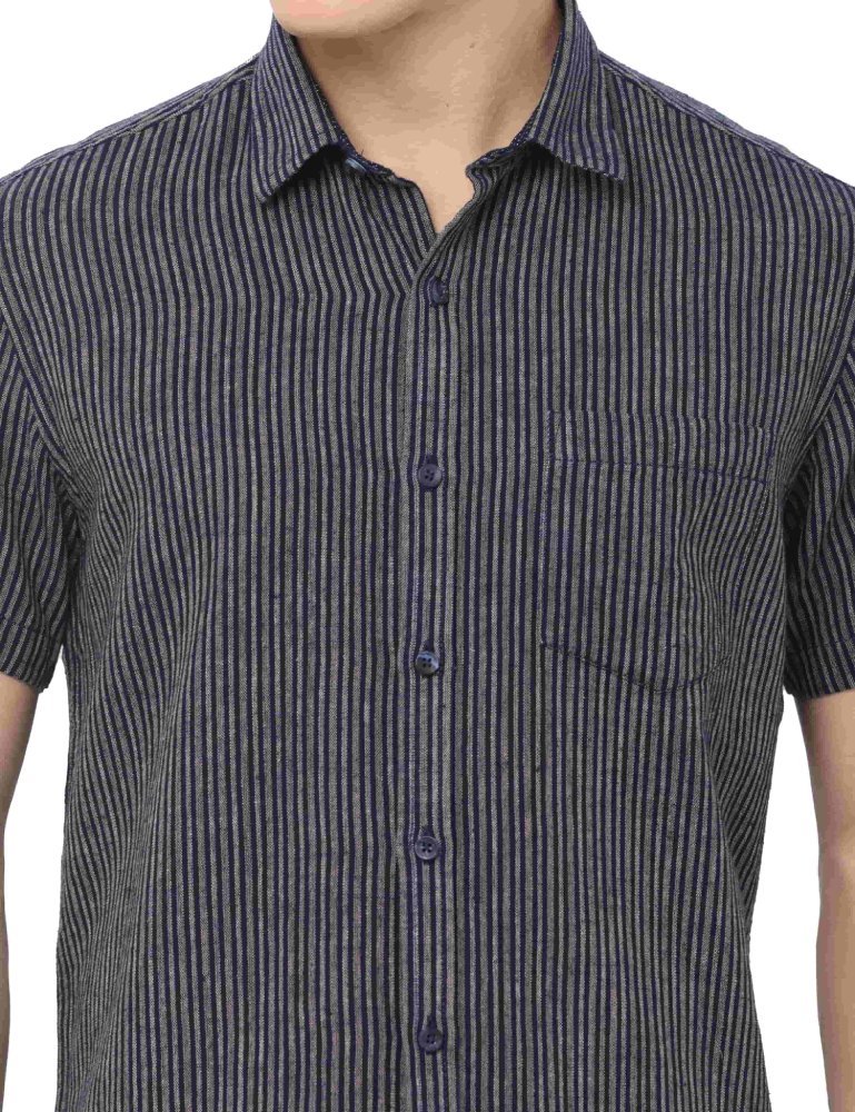 Indigo Multi Stripes Cotton Linen Shirt - VEERYA